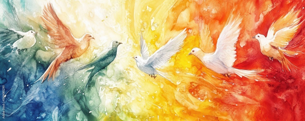 Pentecost scene with symbolic wind and fire, vibrant watercolor ...