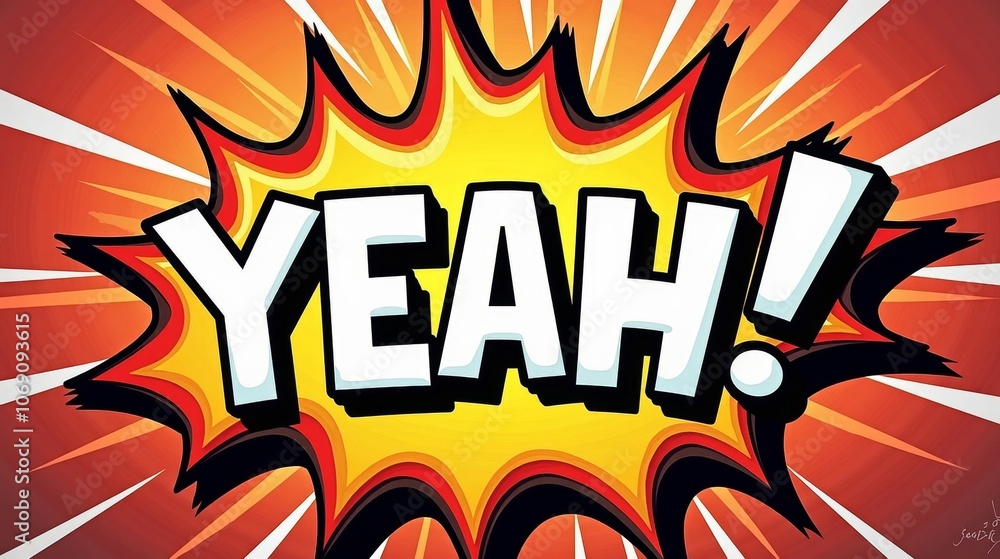 Dynamic comic-style "Yeah!" text in bold with explosive background rays ...