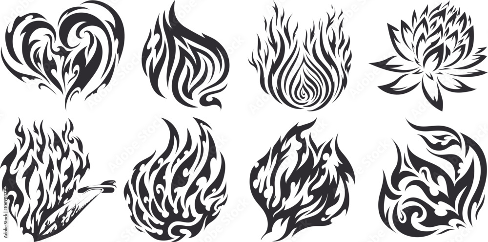 Set of Black Tribal Fire Tattoo Designs - Vector Flames, Heart, and ...