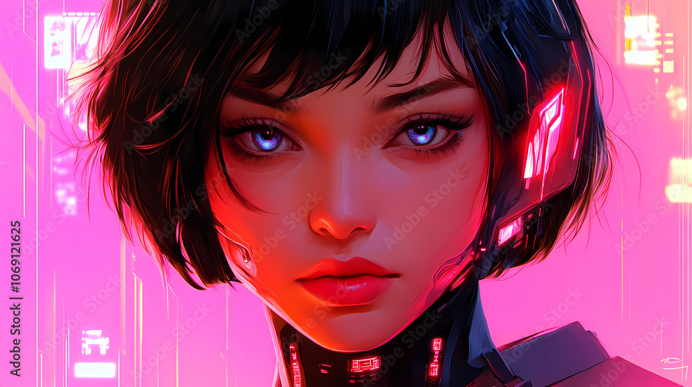 Poster Face of a cyberpunk 3d anime style cyborg woman looking ...