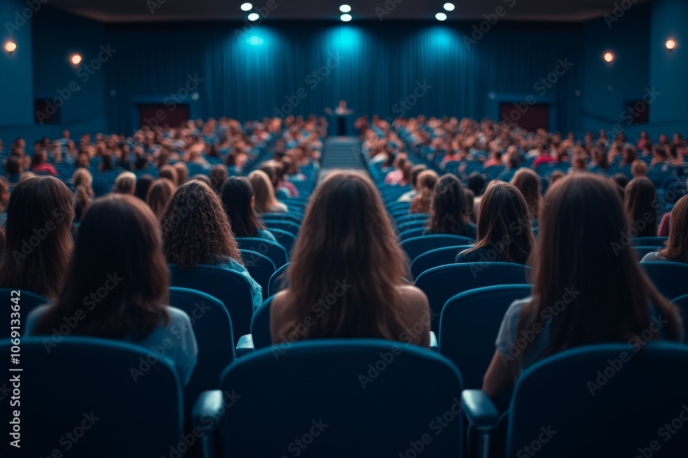 Large audience in theater observing a digital presentation symbolizing ...