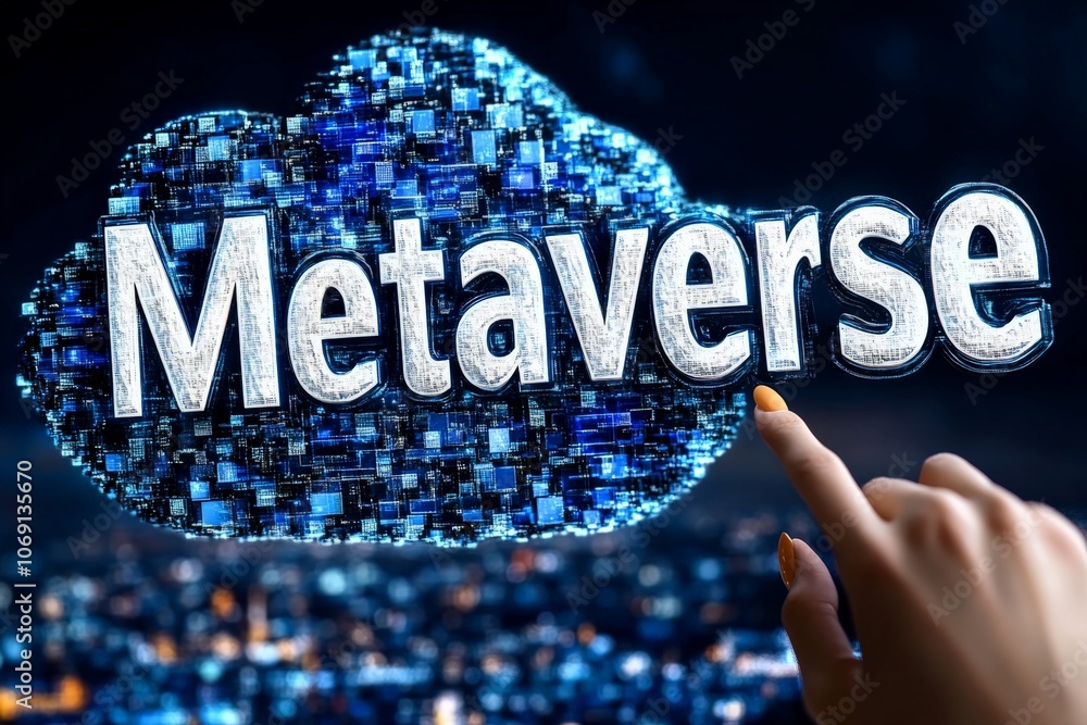 Virtual cloud labeled “Metaverse” with hand interaction representing ...