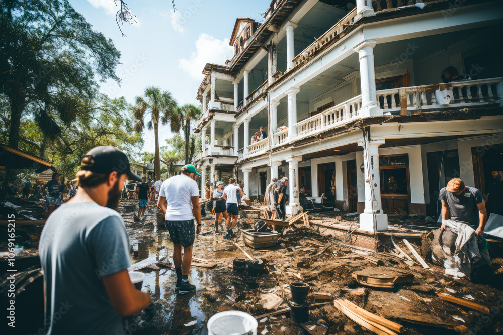 Residents gather to clean up after a powerful storm, facing debris and ...