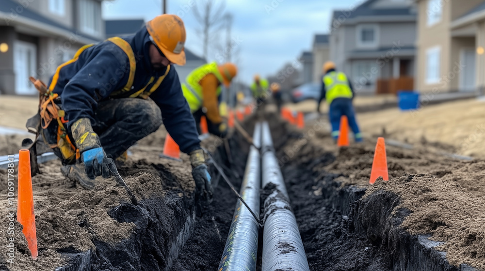 Underground pipe installation scene with workers placing pipes in a dug ...