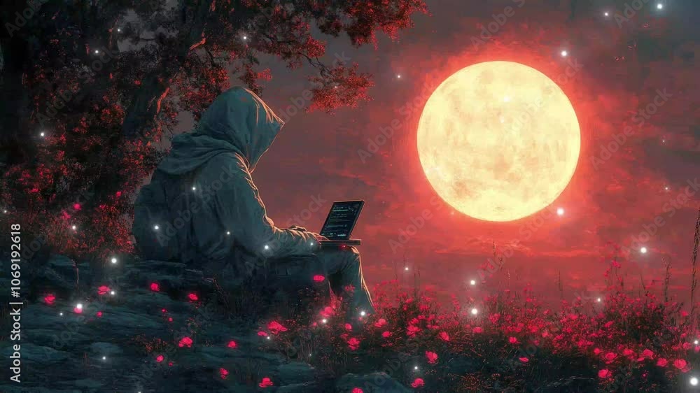 A hooded hacker types away as a magical moon illuminates the night ...
