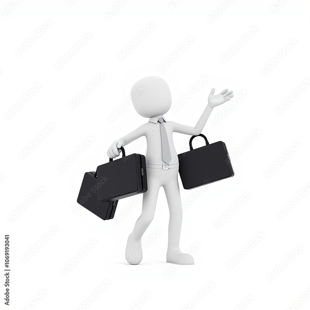 3D stick figure character juggling briefcases, minimalist white style ...