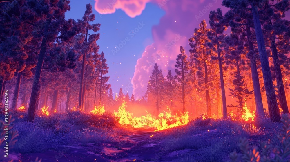 Prescribed burn in a dense juniper forest showcasing controlled fire ...