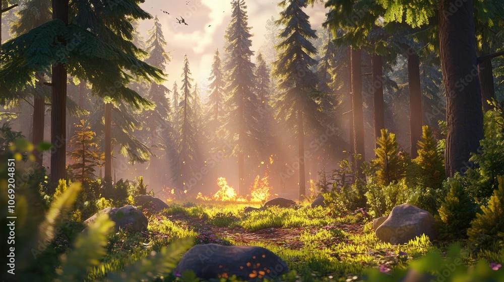 Forest scene depicting the preparatory phase for a controlled burn ...