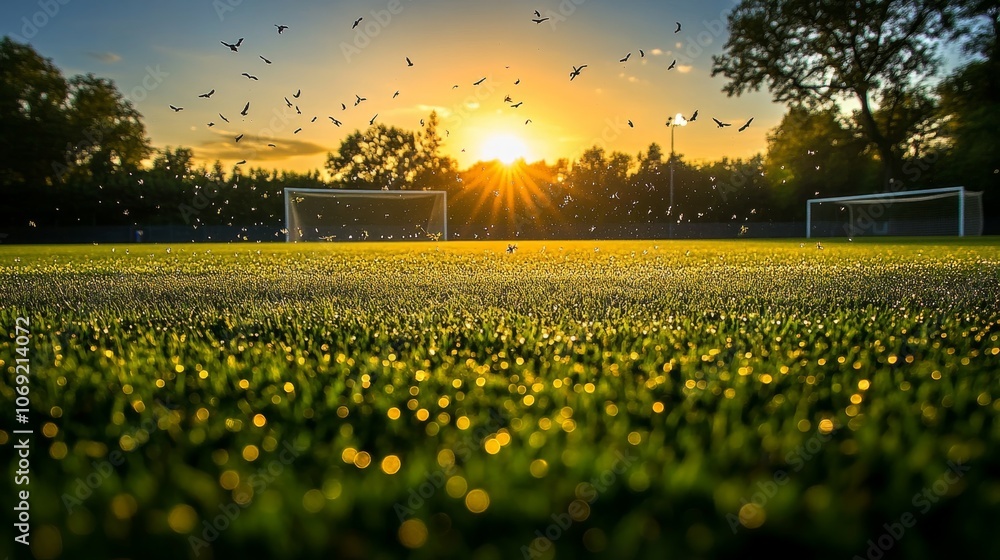 Capture the beauty of a sunrise on the soccer field with vibrant colors ...