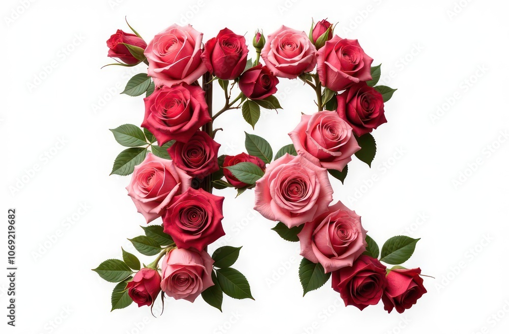 Intertwined roses letter “R”, realist precision, high saturation ...