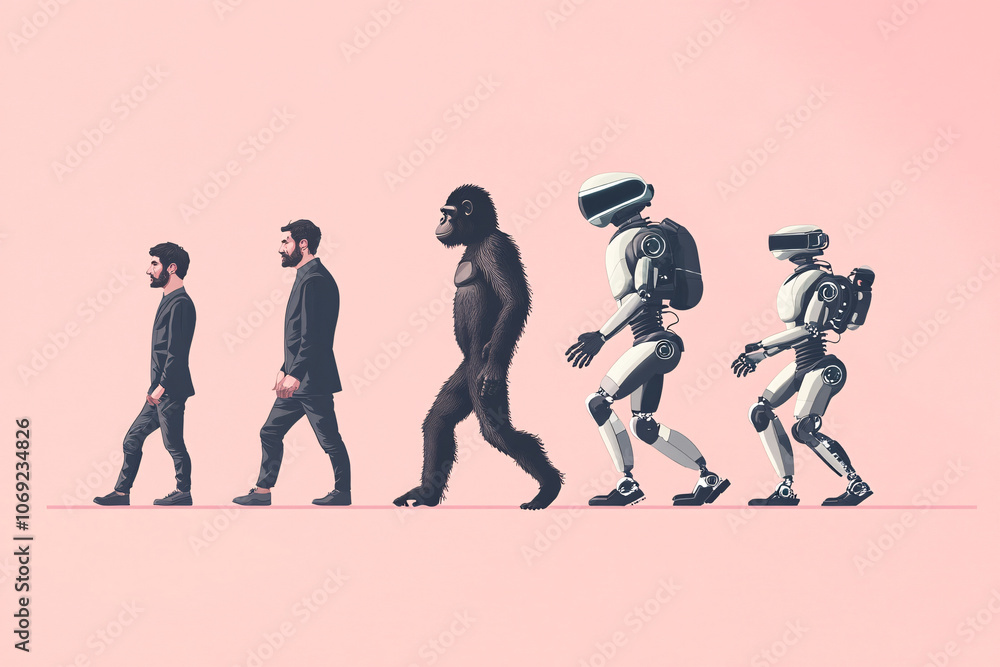An artistic portrayal of human evolution showing progression from ape ...