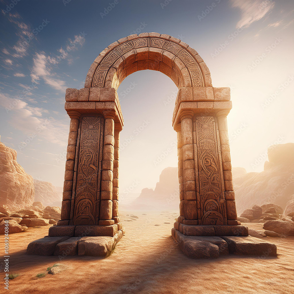 Old arch with crumbling pillars, portal to hidden world. Ancient ...