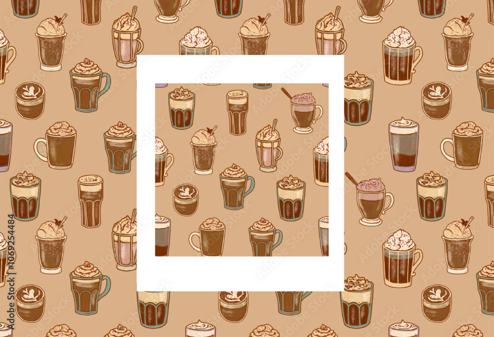 Seamless brown retro pattern - latte coffee with milk pegea in a cup ...