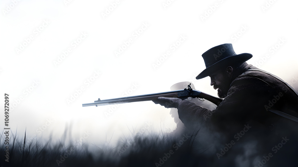 Two Napoleonic soldiers crouching behind cover, muskets aimed at an ...