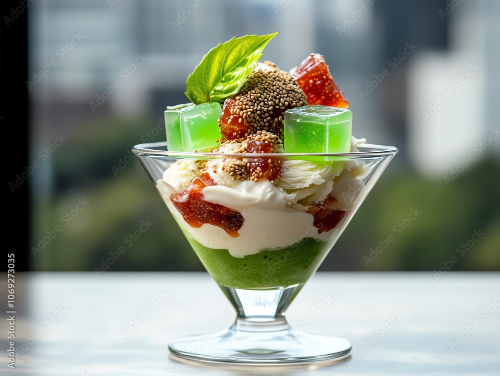 Kinako and sesame ice cream parfait with matcha jelly cubes, served ...