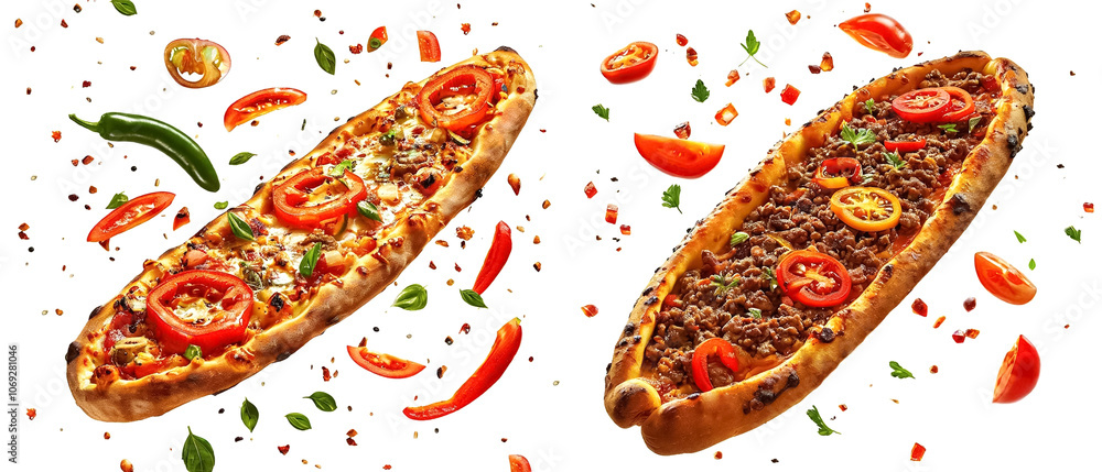 Turkish delicious street food Pide types isolated white background ...