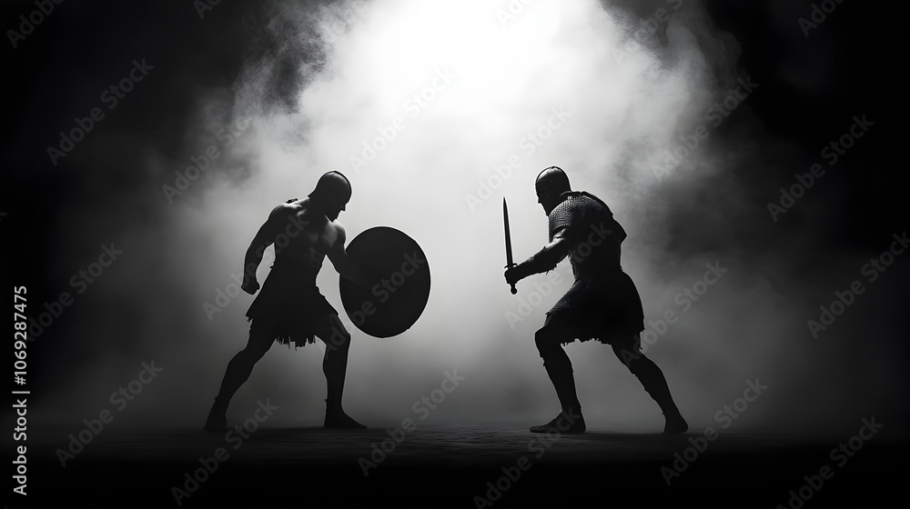 Two gladiators in an arena, shields and swords raised, circling each ...
