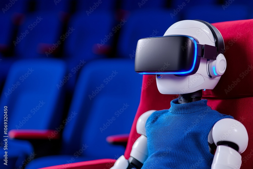 A robot watching a movie with AI in a film hall. Future technology ...