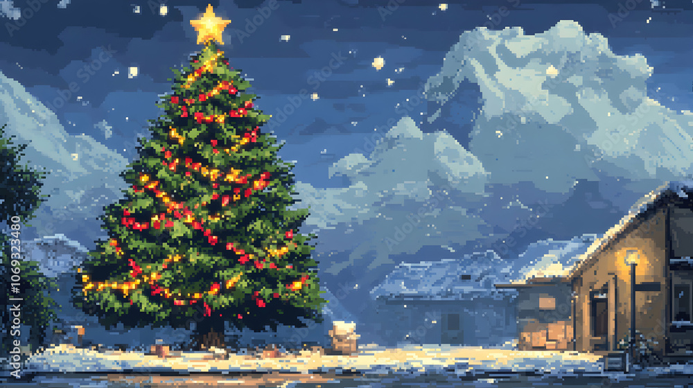 Christmas Tree Pixel Art: Pixel art depiction of a festive Christmas ...