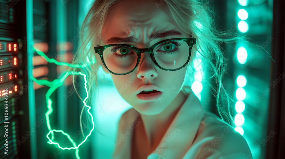 Close up portrait of a young worried woman technician with glasses in ...