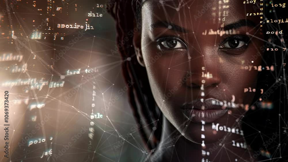 Black woman cyber security expert. With AI code illusminated overlay ...