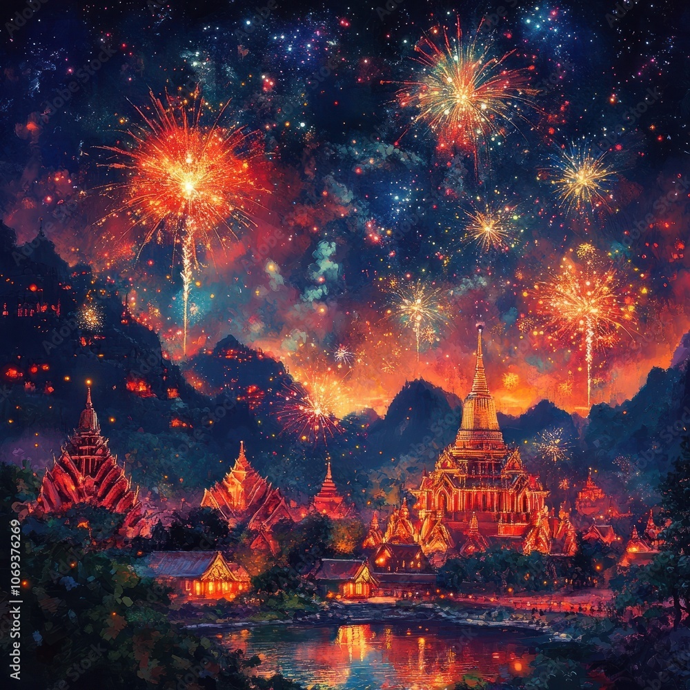 Vibrant red, blue, and gold fireworks explode over temples, with ...