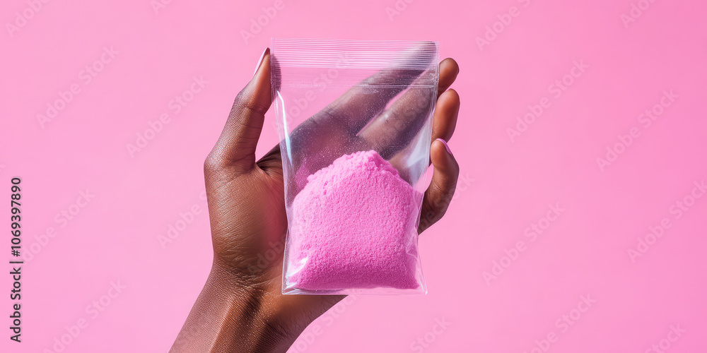 Hand holding a clear ziplock bag of pink powder. Drug addiction ...