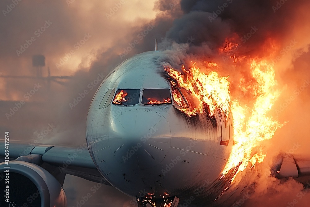 Flames engulf cockpit of burning airplane during emergency landing, creating danger and panic ...