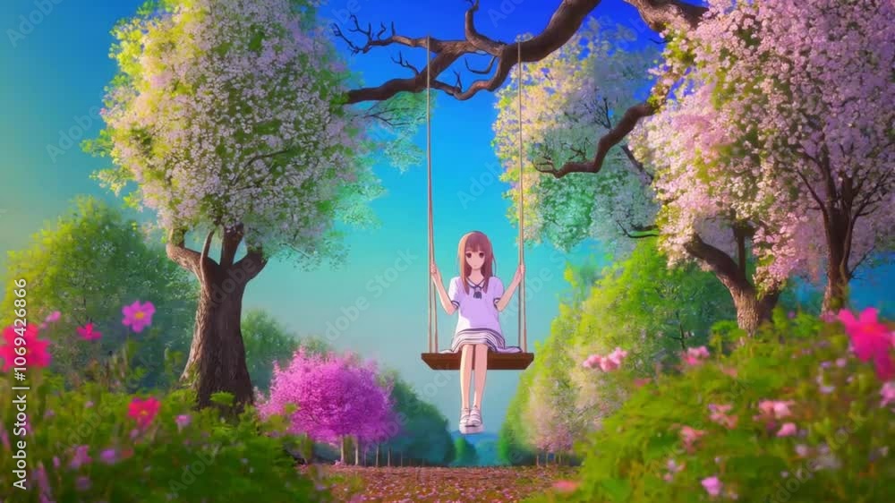 Cozy lofi anime girl, sitting on a tree swing with sunset view and ...