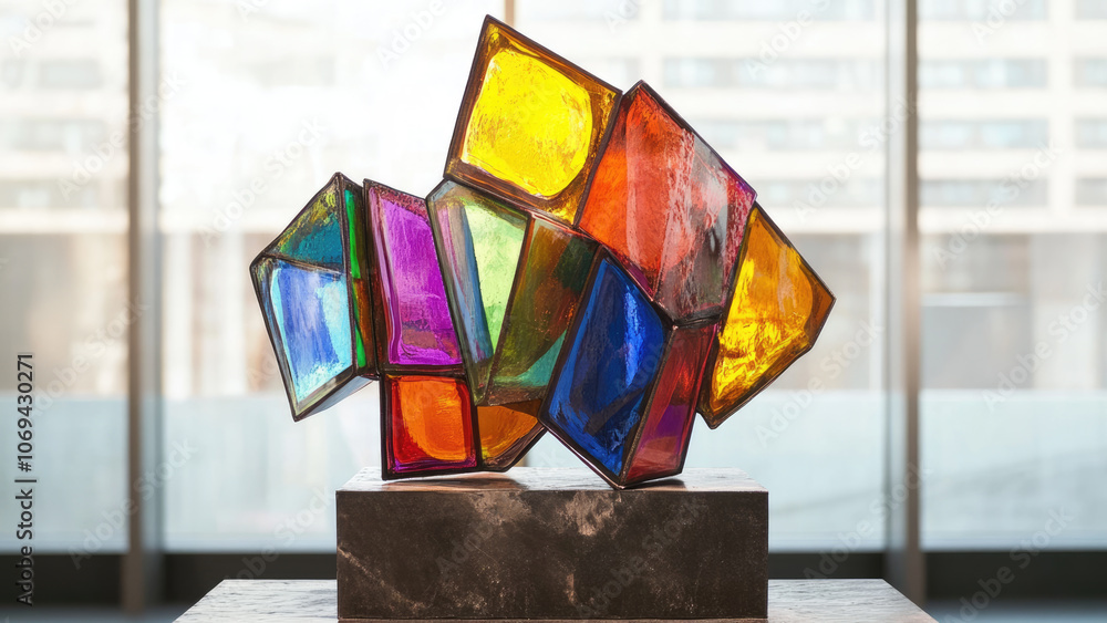 Geometric stained glass sculpture with vibrant colors in modern ...