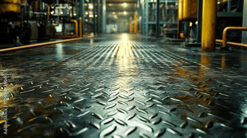 High-resolution view of a factory floor, raised diamond patterns on a ...