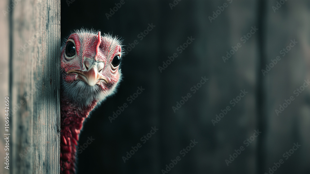 Humorous portrait of Thanksgiving turkey peeking out from around the ...