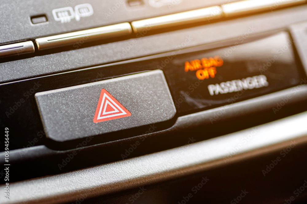 Inside the car.Emergency stop button in car.Dashboard, inner workings ...