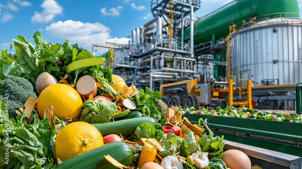 Farmer delivering organic waste to a biogas plant, with machinery and ...