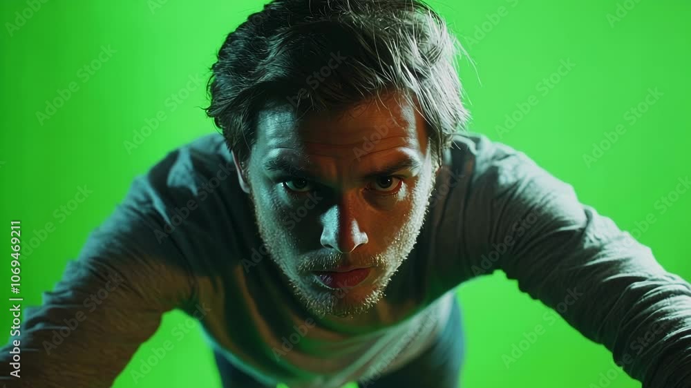 Young caucasian male actor with short brown hair and a beard poses ...