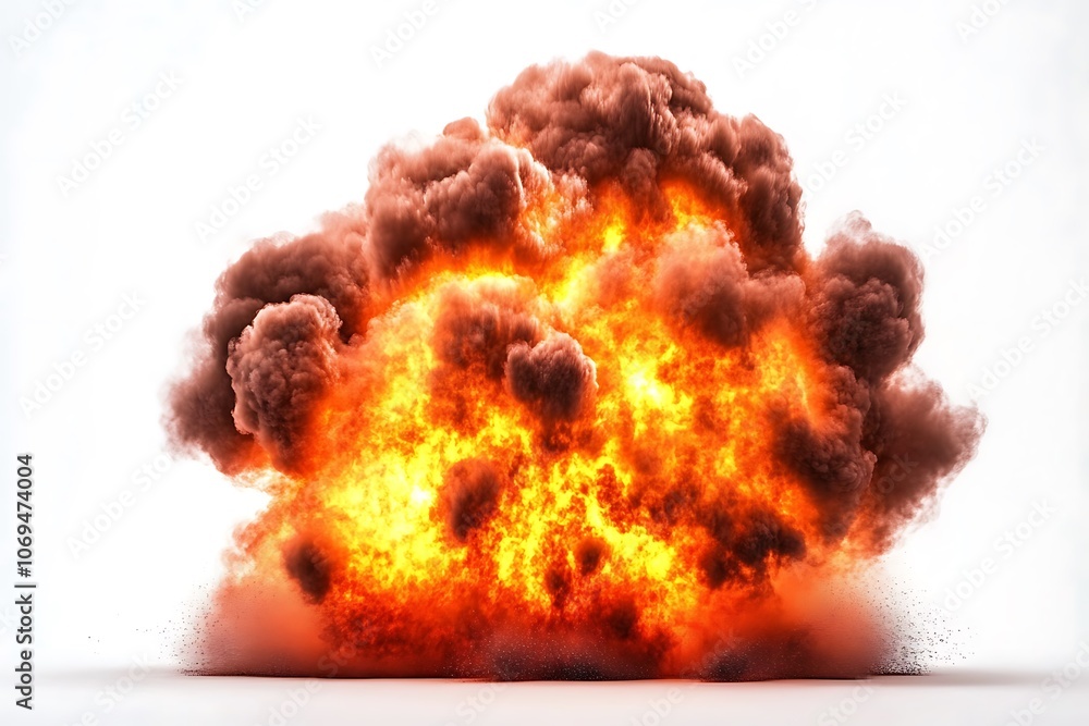 Fiery explosion generating a massive smoke cloud, isolated on white ...