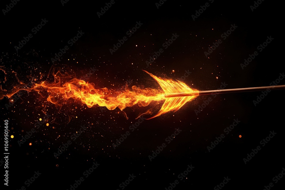 Fiery arrow with flames on a black background depicting power and ...