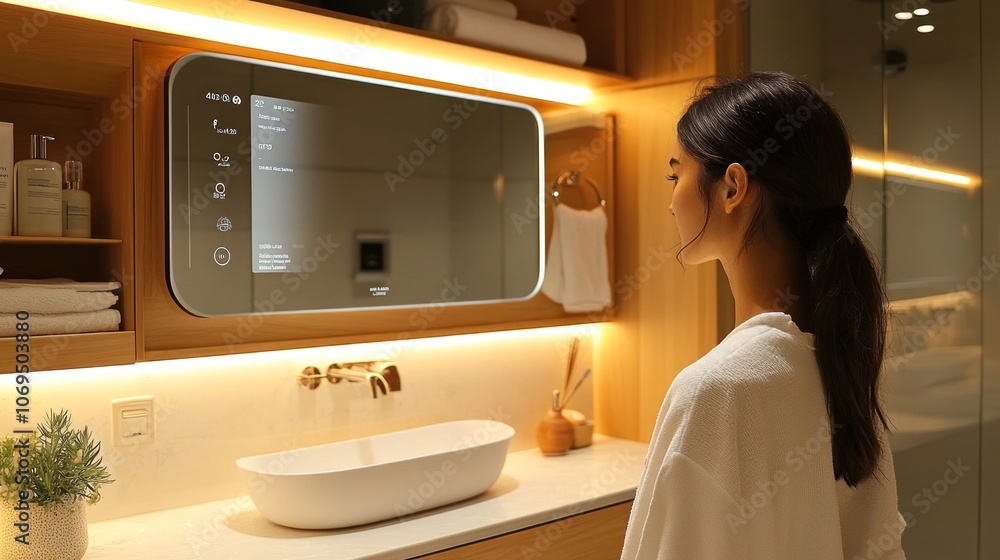 A young woman standing in front of a smart mirror in a modern bathroom. The mirror has a touch ...