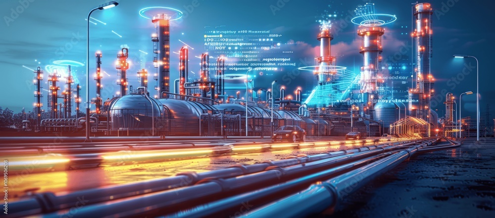 futuristic oil and gas plant with holographic energy data, high-tech ...