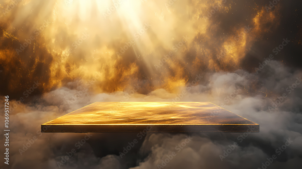 Ethereal golden platform floating in misty void dramatic spotlights ...