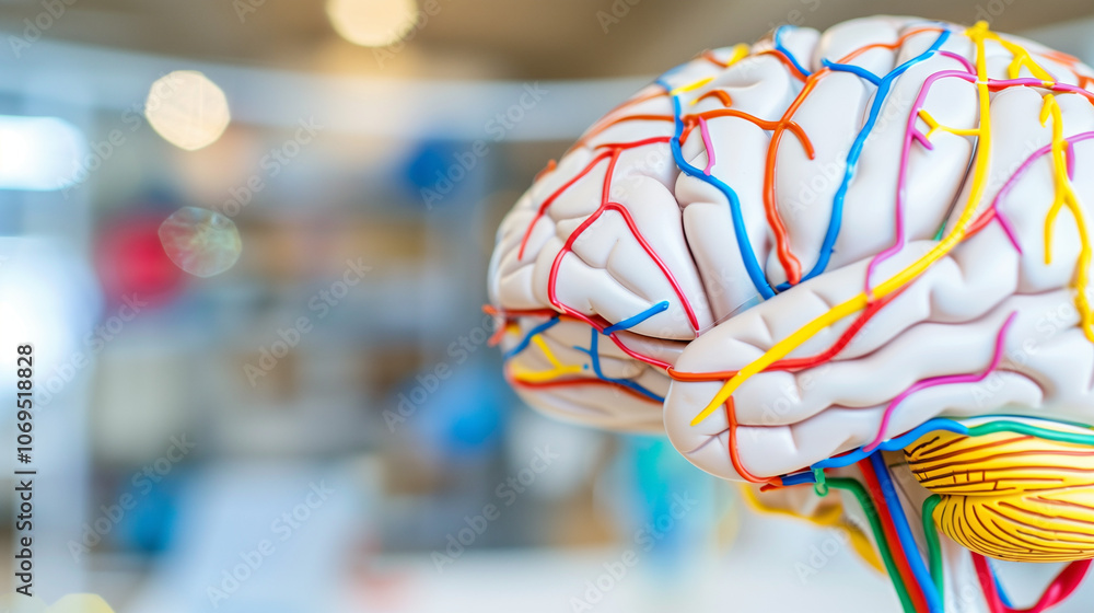 Close-up of human brain model with colorful wires connecting to ...