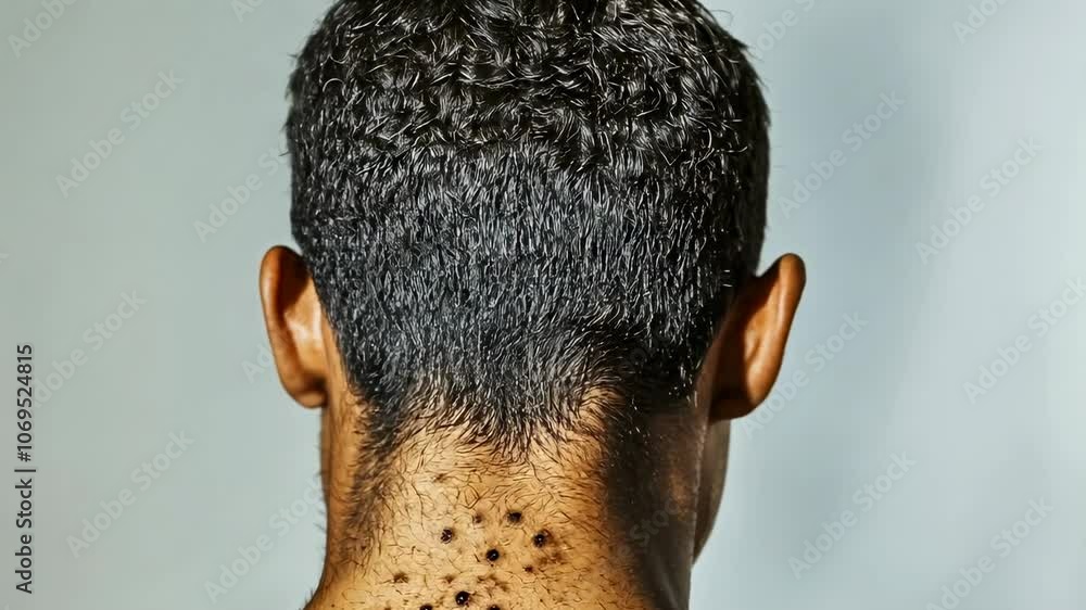 Close-up rear view of a male's neck showing distinctive skin markings ...