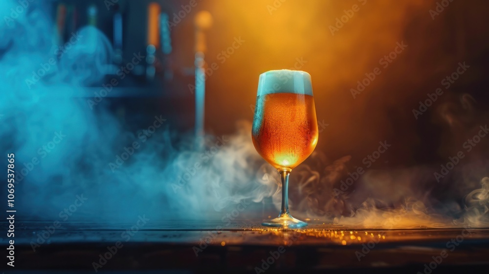 Beer glass with foam, surrounded by mist and ambient lighting in shades ...