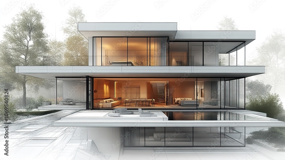 A detailed sketch of a residential house section, showing its ...