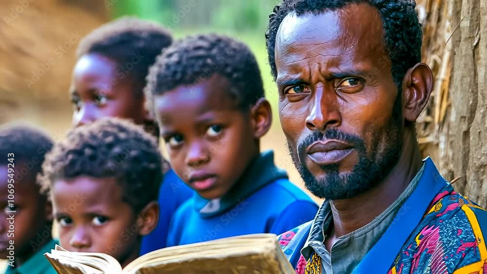 A middle-aged African man gazes intently, surrounded by young children ...