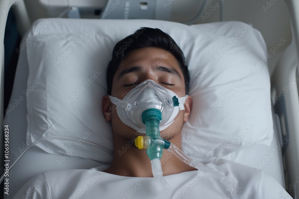 a male patient sleeping in a hospital bed with oxygen mask in white ...