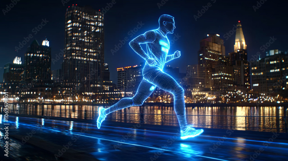 Running man in neon blue, city skyline at night, fitness technology ...