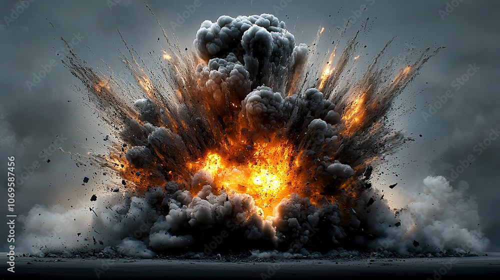 A massive explosion erupts, sending clouds of smoke and bursts of flame ...