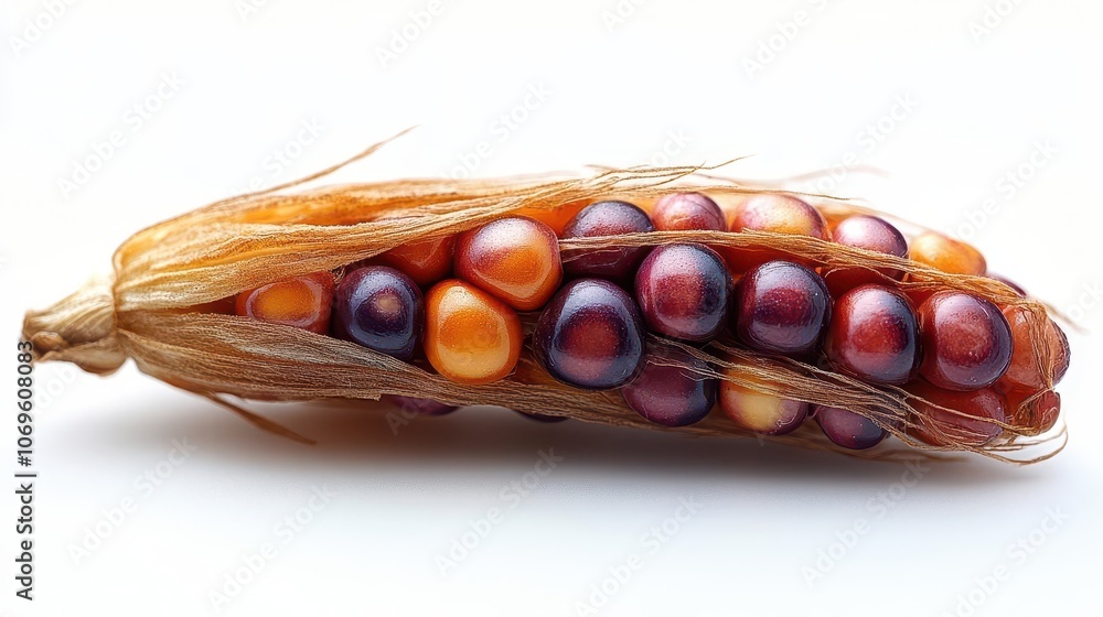 single corn seed isolated against a pure white background, emphasizing ...