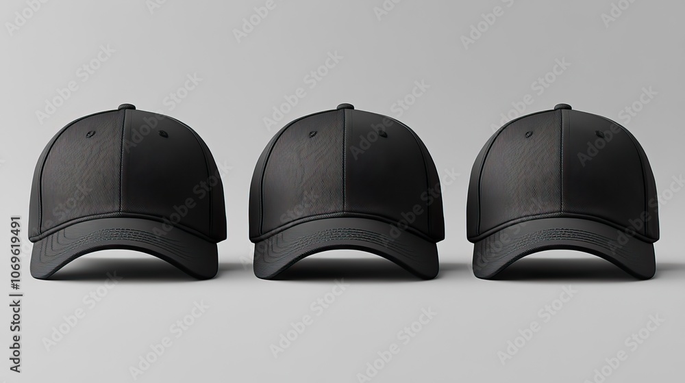 Black baseball caps viewed from various angles, front and back, provide ...